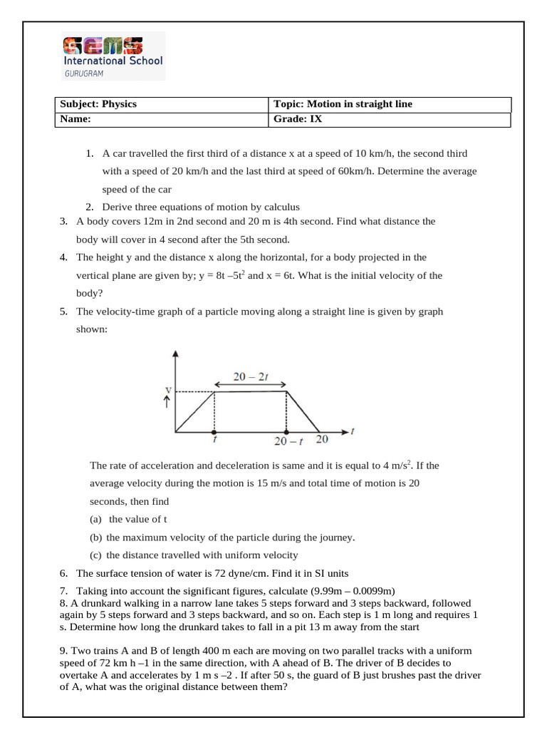 Grade 11 - Motion in Straight Line - Worksheet | PDF | Speed | Acceleration
