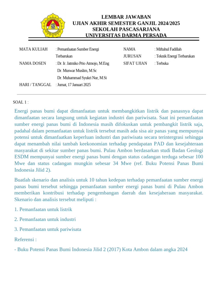 Lembar Jawaban UAS Pemanfaatan Sumber Energi Terbarukan Miftahul Fadillah | PDF