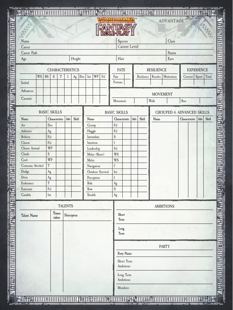 New WFRP - 4e - CharacterSheet Ferdinand | PDF