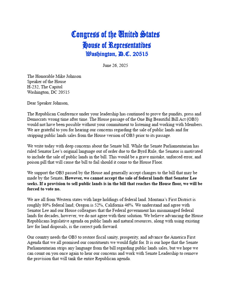 House Republicans Land Sales Letter | PDF | United States House Of ...