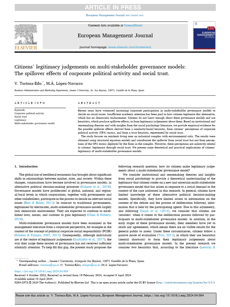 Citizens' Legitimacy Judgements On Multi-Stakeholder Governance Models ...