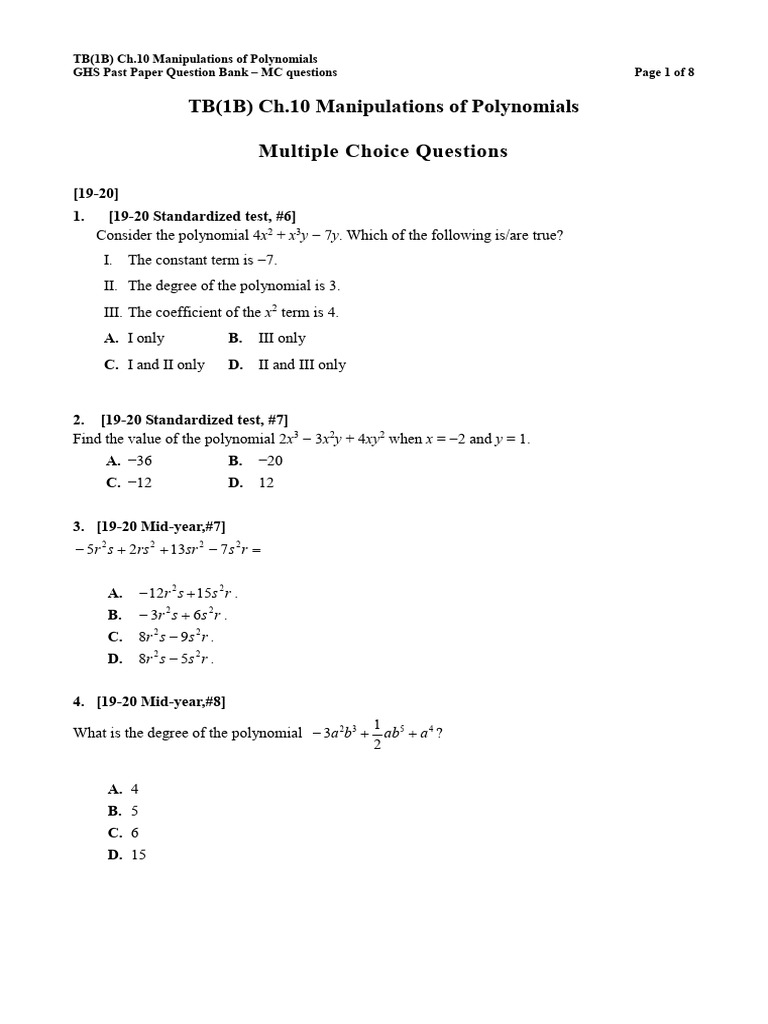 (19-24) 1B-Ch.10-Manipulations of Polynomials - MC | PDF | Polynomial | Mathematics Of Computing