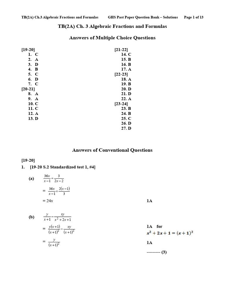 (19-24) 2A-Ch.3-Algebraic Fractions & Formulas - ANS | PDF ...