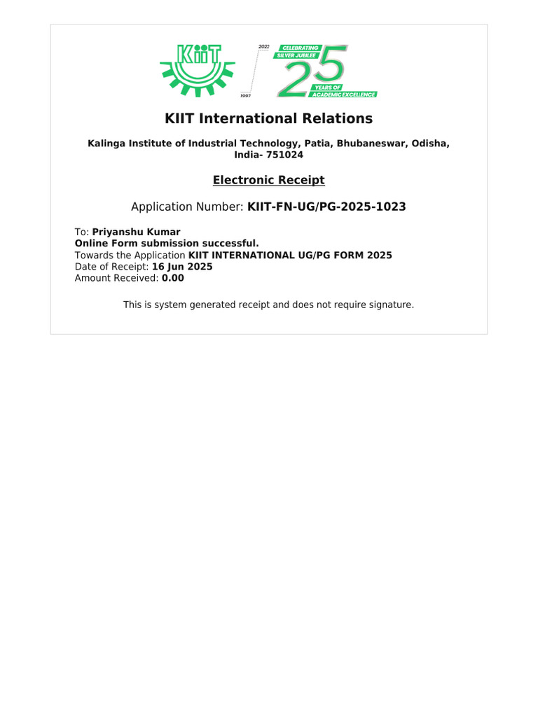 Acknowledgement Receipt KIIT FN UG PG 2025 1023 | PDF