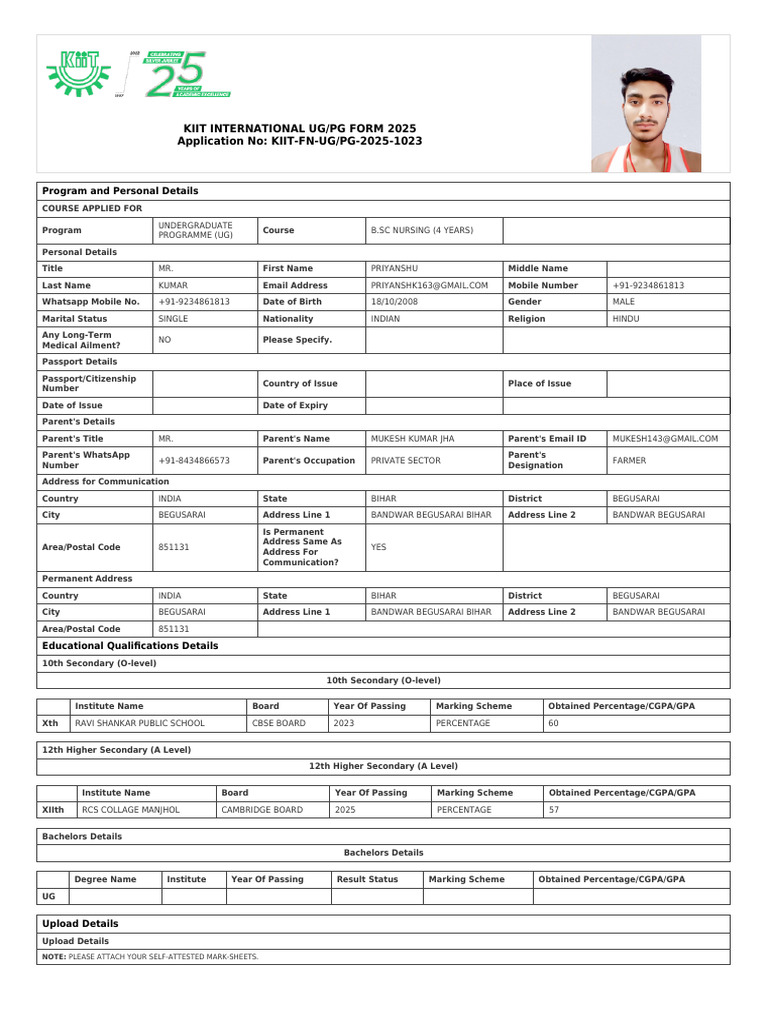 Application Form KIIT FN UG PG 2025 1023 | PDF | Government And Personhood