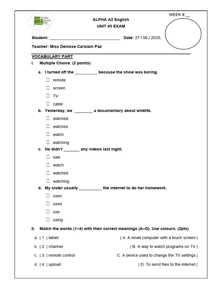 2nd Term Alpha English - Unit #3 Exam | PDF