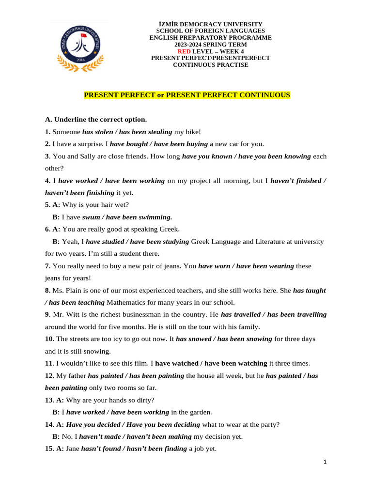 Present Perfect Continuous Practice | PDF | Perfect (Grammar ...