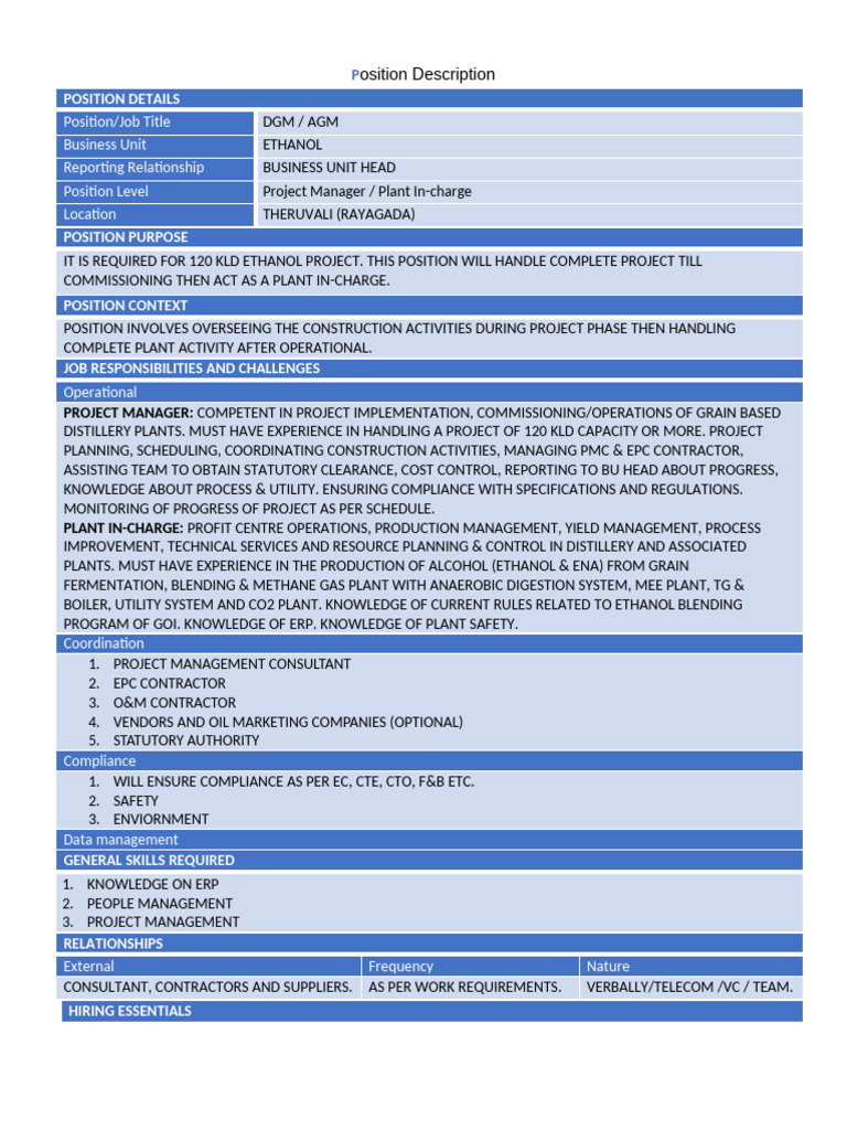 Ethanol Project Manager Position Overview | PDF