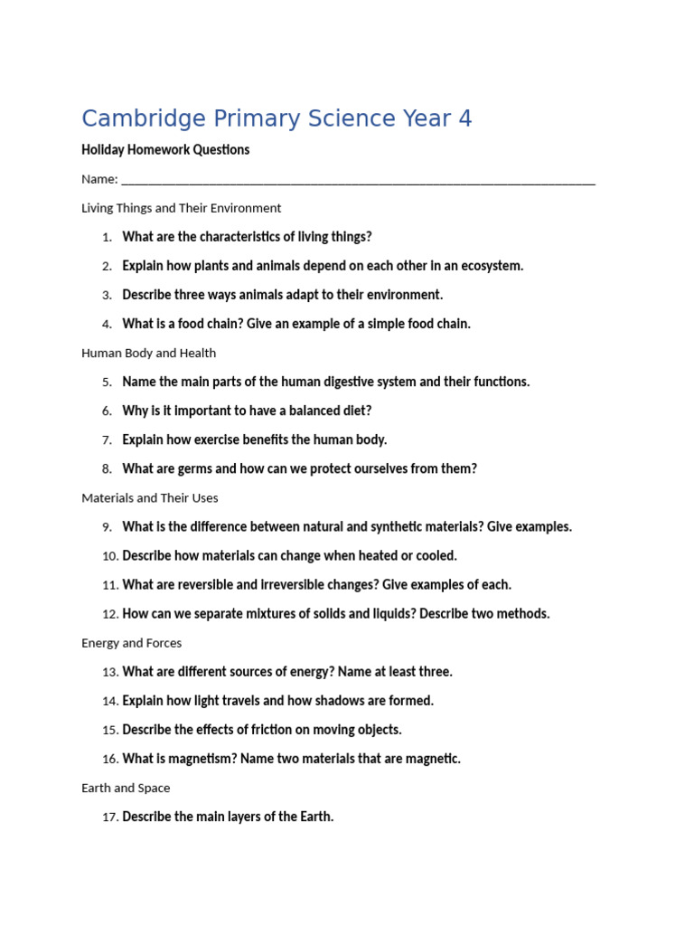 Year 4 Science Holiday Homework | PDF