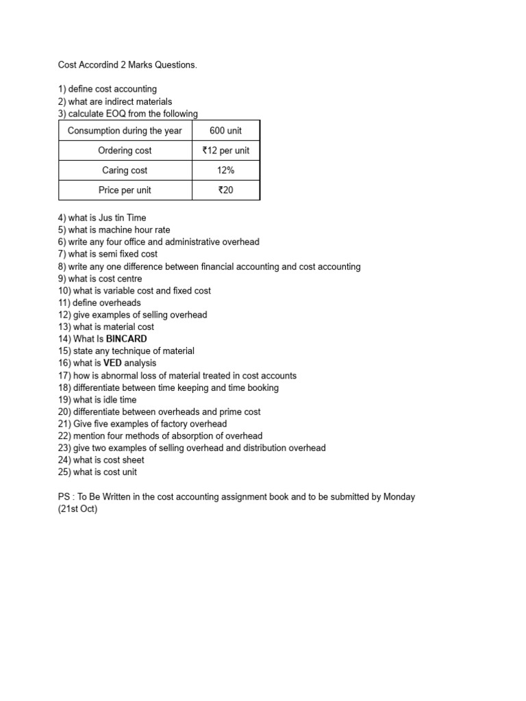 Cost Accounting 2 Marks Questions | PDF