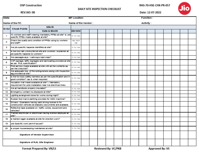 R4G 70 HSE CHK PR 057 Site Inspection Checklist | PDF | Electrician | Safety