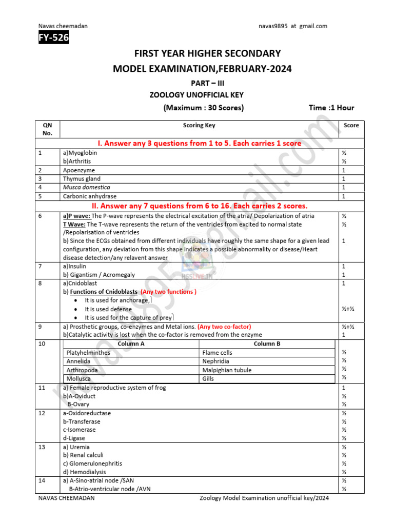 Hsslive Xi Zool Key Model 2025 | PDF | Cofactor (Biochemistry)
