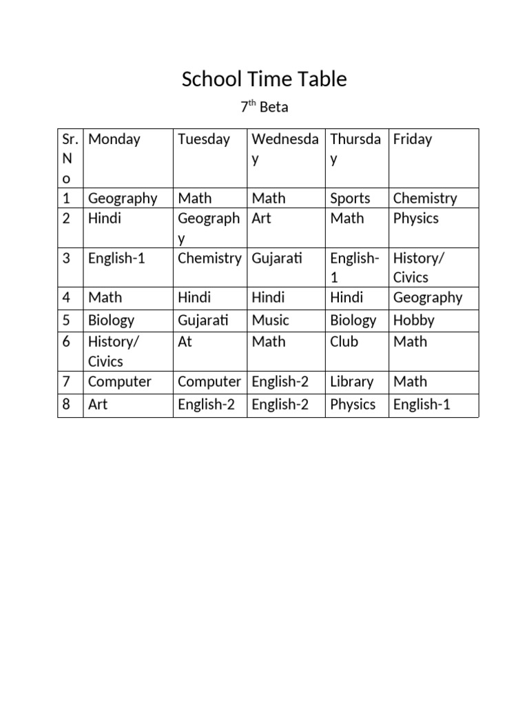 Abhinav 7th Beta Time Table | PDF