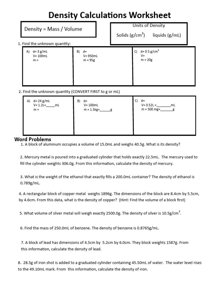 Density Calculation Exercises | PDF