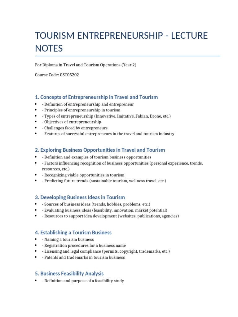 Tourism Entrepreneurship Lecture Notes | PDF | Entrepreneurship ...