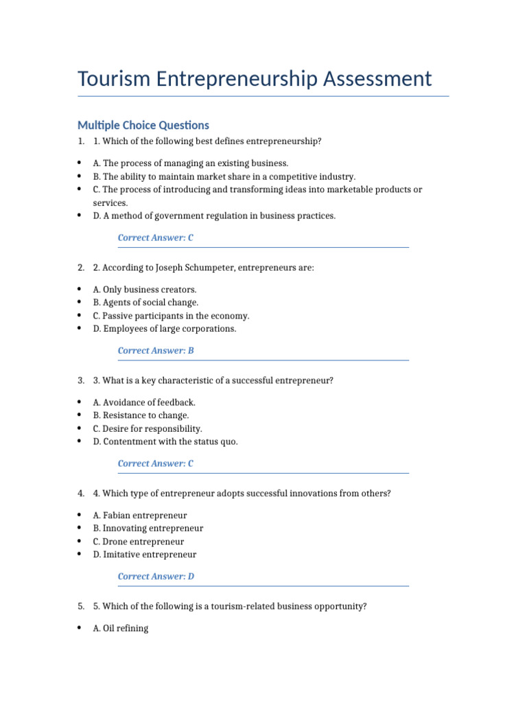 Tourism Entrepreneurship Quiz Questions | PDF | Entrepreneurship | Tourism