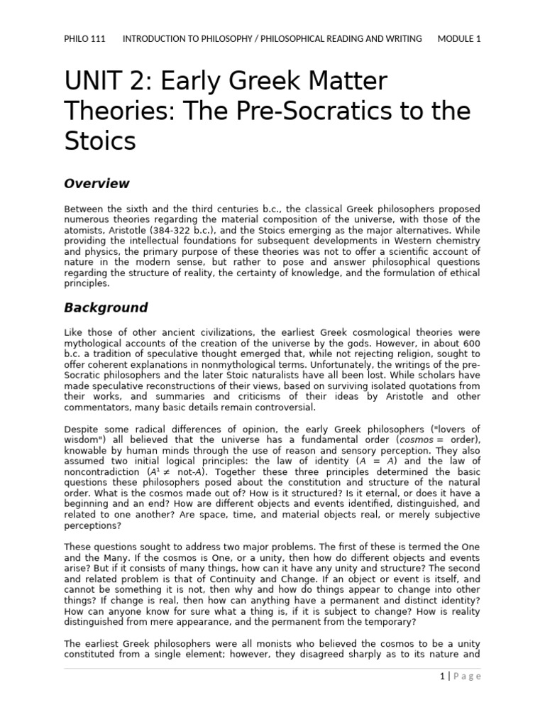 MODULE 1 - UNIT 2 Early Greek Matter Theories | PDF | Ancient Greek ...