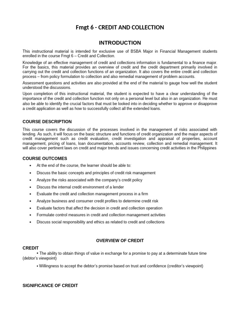 Credit and Collection Management Guide | PDF | Loans | Debt