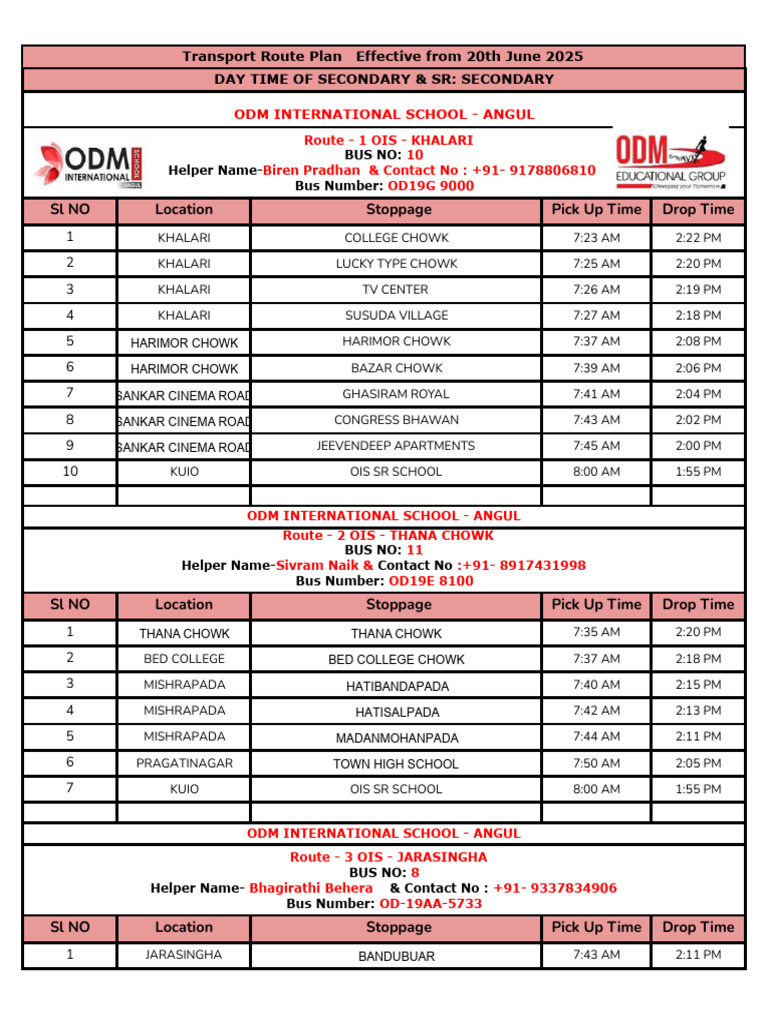 Bus Route Chart For Class - Vi - Xii | PDF