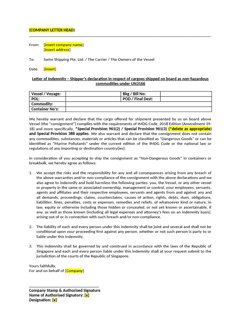 Letter of Indemnity - Vehicles UN3166 Class 9 - Non DG Cargo - v4 | PDF ...