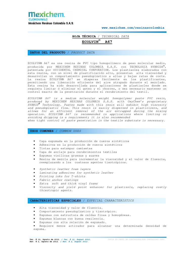 Ecolvin A67: Hoja Técnica | PDF | Ingeniería de Edificación | Sólido amorfo