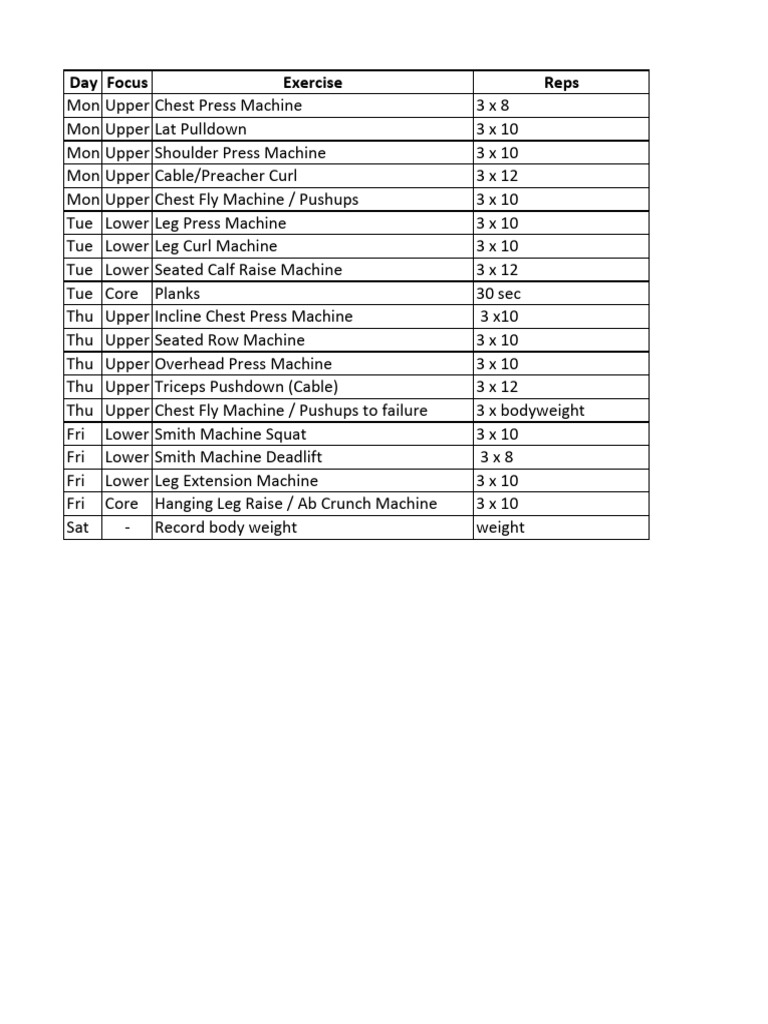 Weekly Workout Plan and Body Weight Log | PDF