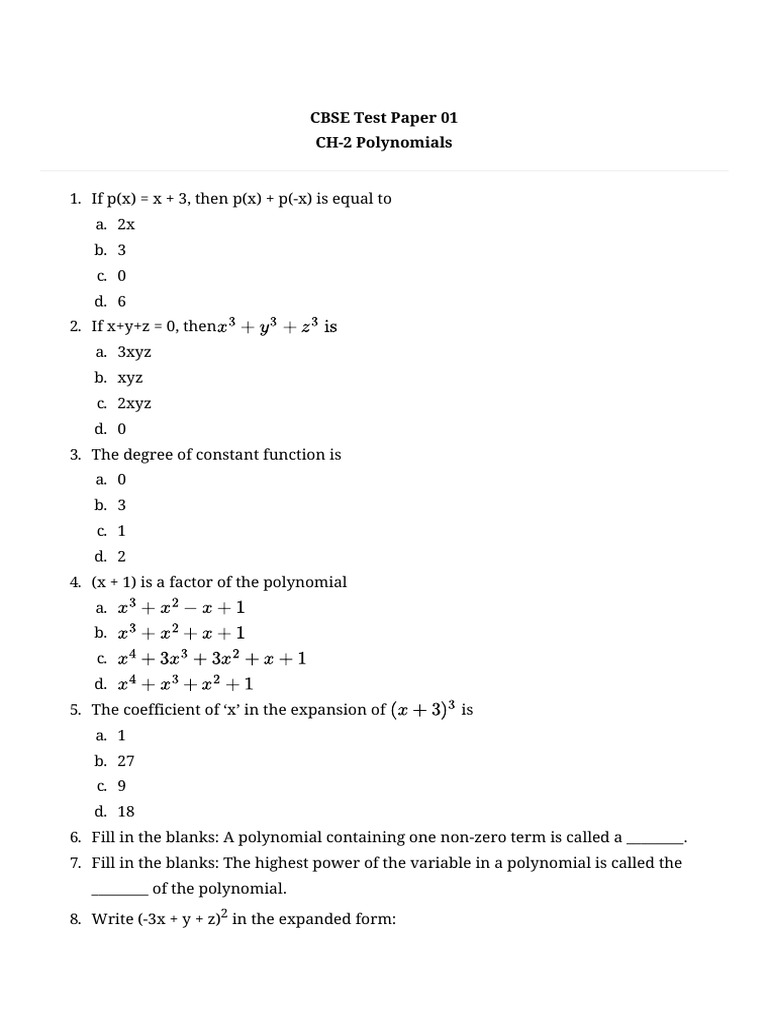 CBSE Test Paper 01 CH-2 Polynomials | PDF | Polynomial | Algorithms