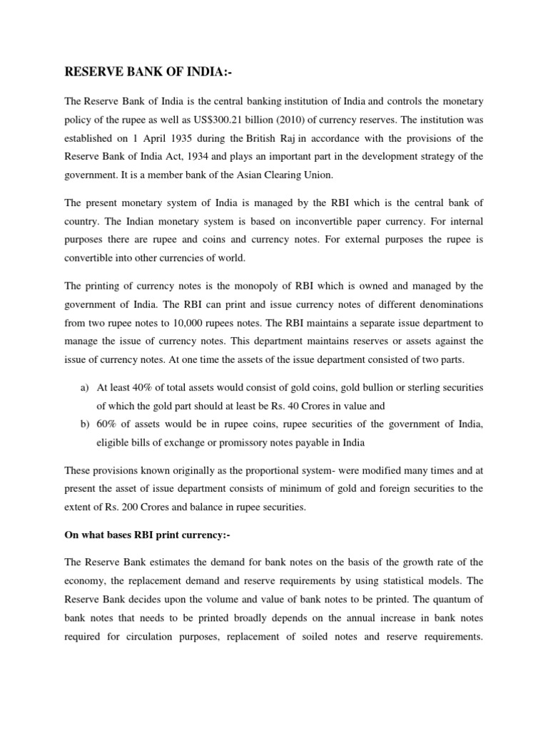 Reserve Bank of India:-: On What Bases RBI Print Currency | PDF ...