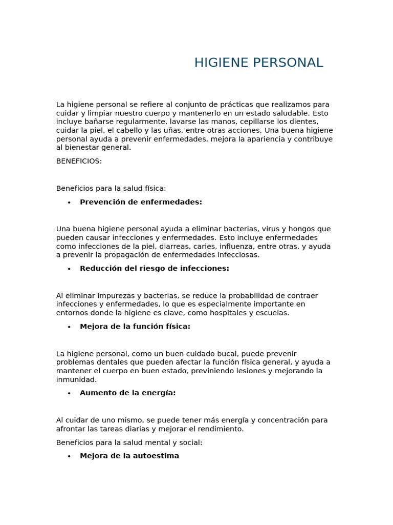 Higiene Personal | PDF | Higiene | Especialidades Medicas