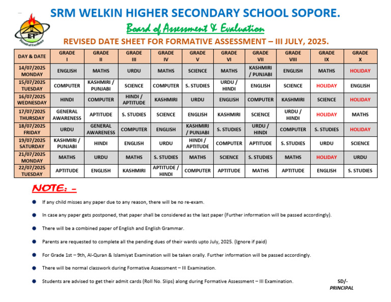 Board of Assessment & Evaluation: Revised Date Sheet For Formative ...