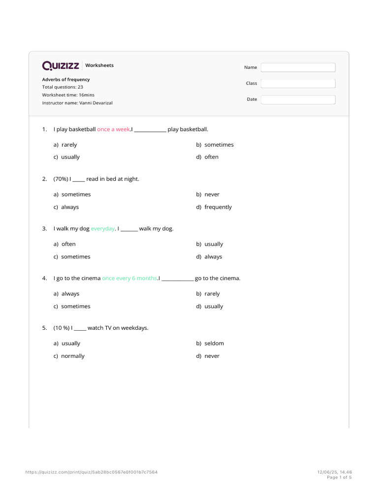 Adverbs of Frequency Worksheet | PDF | Adverb | Grammar
