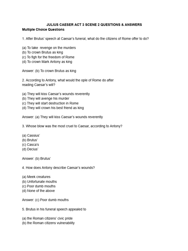 Julius Caeser Act 3 Scene 2 Questions & Answers | PDF | Mark Antony ...