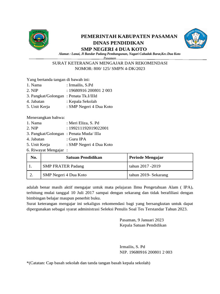 Template Surat Keterangan Mengajar | PDF