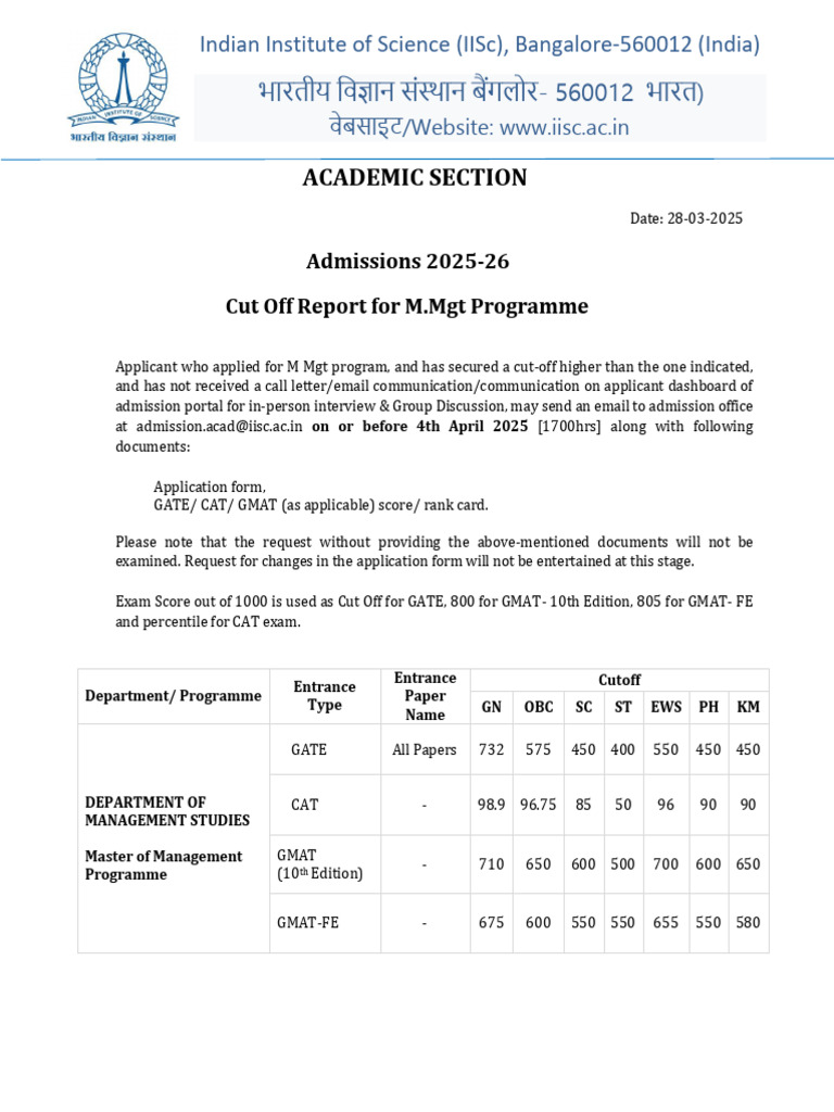 Cut Off Report For M.MGT Programme 2025 | PDF