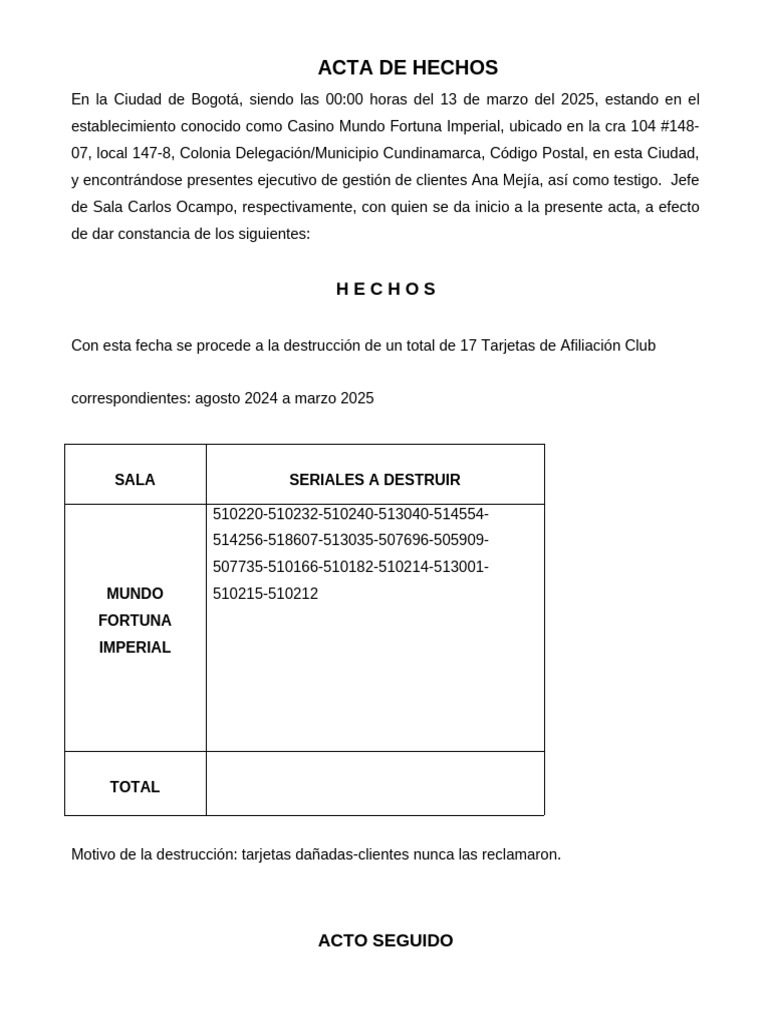 Acta de Hechos Destruccion de Tarjetas | PDF