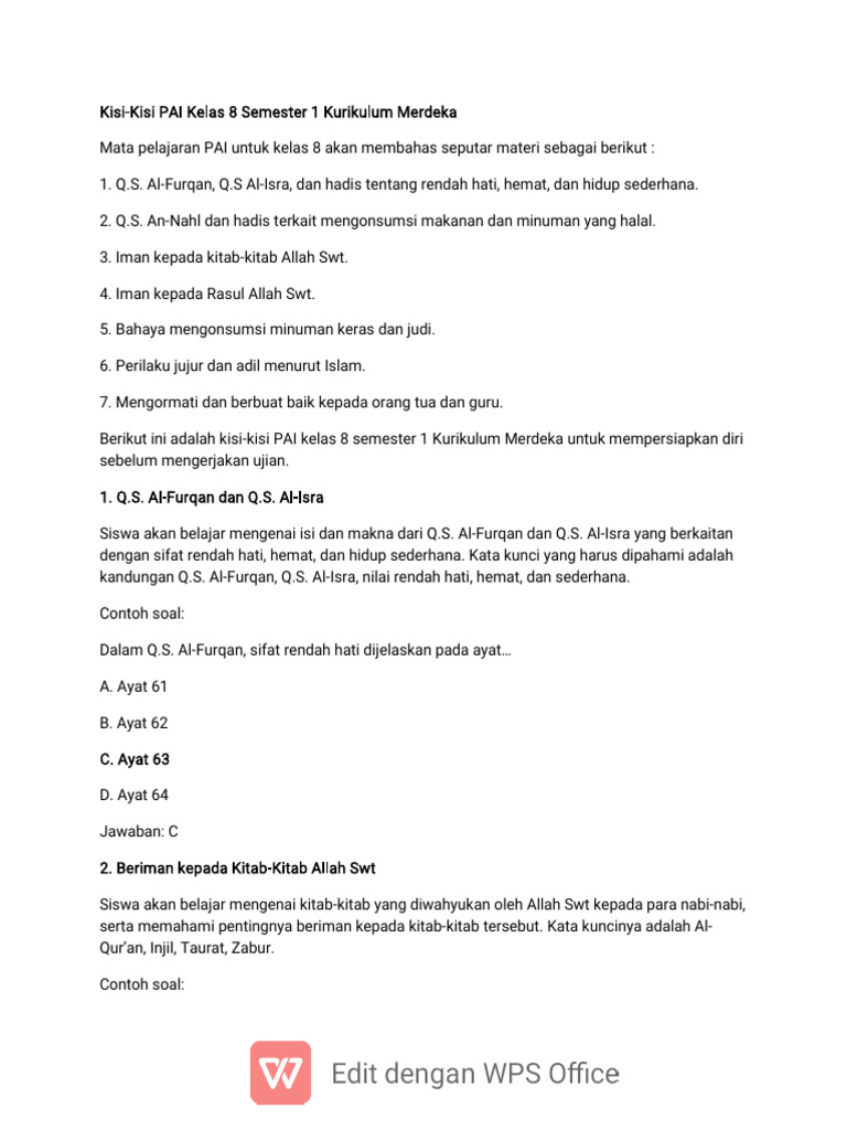 Kisi-Kisi PAI Kelas 8-1 Kurikulum Merdeka | PDF