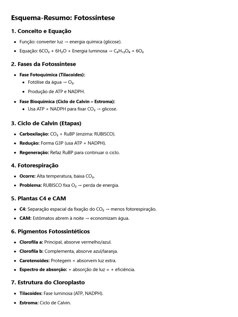 Esquema-Resumo - Fotossíntese | PDF
