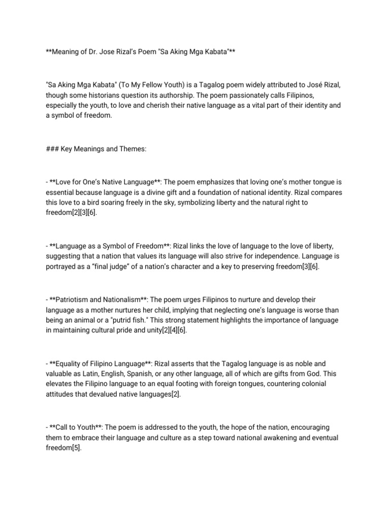 Meaning of Dr. Jose Rizal's Poem Sa Aking Mga Kabata | PDF