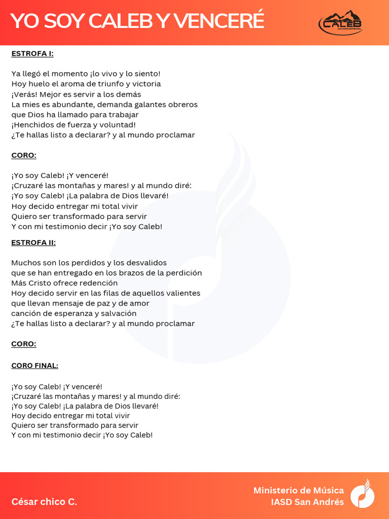 Letra Yo Soy Caleb y Venceré - Caleb 2025 | PDF