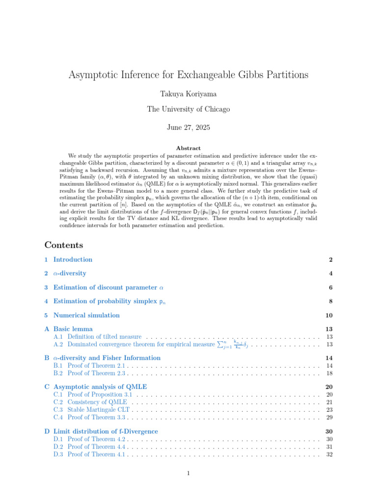 Asymptotic Inference For Exchangeable Gibbs Partitions: Takuya Koriyama The University of ...