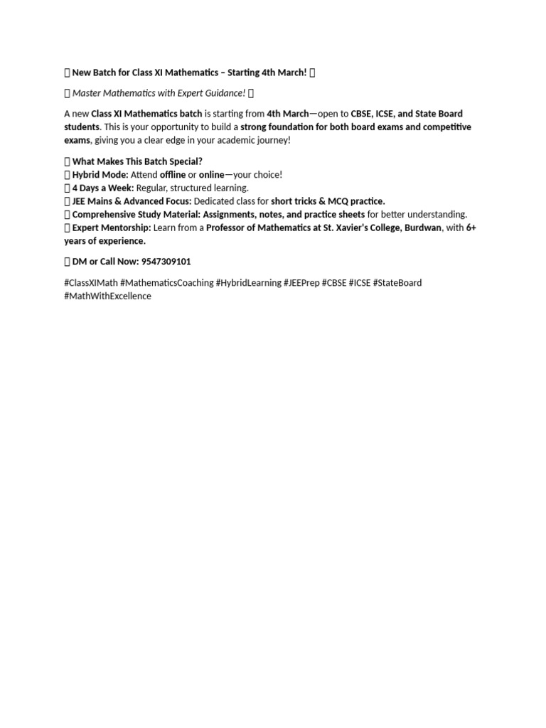 Class XI Math Batch Starts March 4th | PDF
