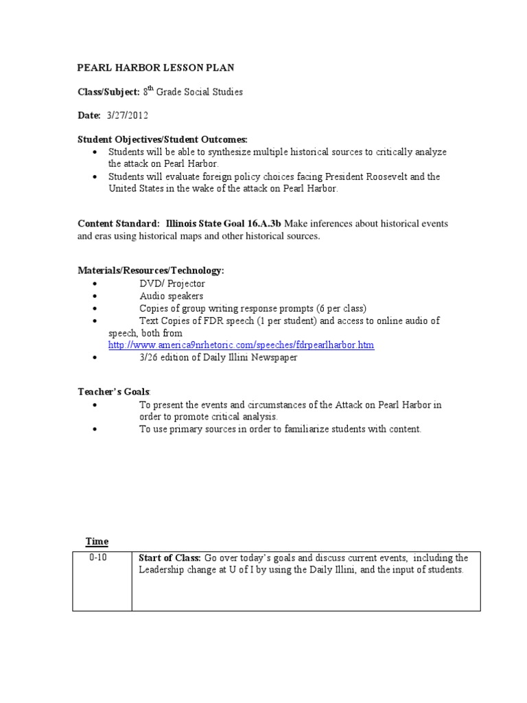 Pearl Harbor Lesson | PDF | Franklin D. Roosevelt | Lesson Plan