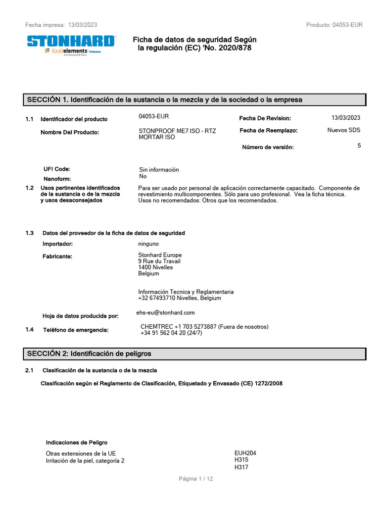Stonproof ME7 ISO SDS - Es - ES | PDF | Alergia | Agua