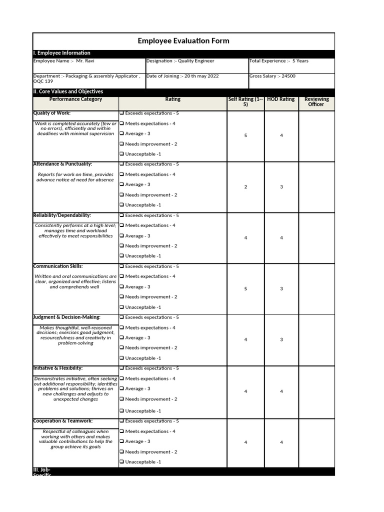 Employee Evaluation Form for Quality Engineers | PDF | Performance ...