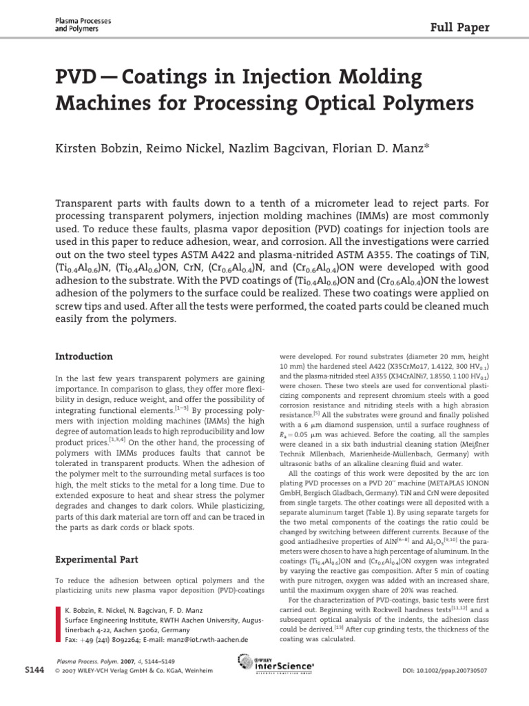 Plasma Processes Polymers - 2007 - Bobzin - PVD Coatings in Injection ...