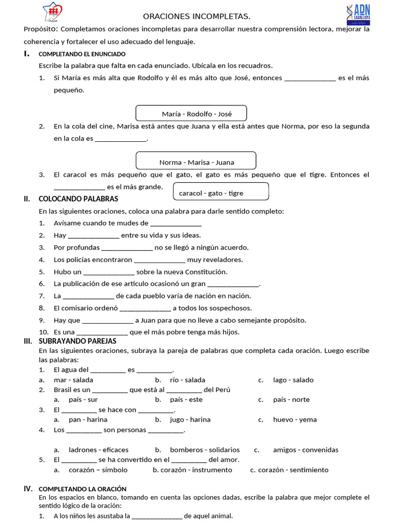 Ficha de Oraciones Incompletas | PDF