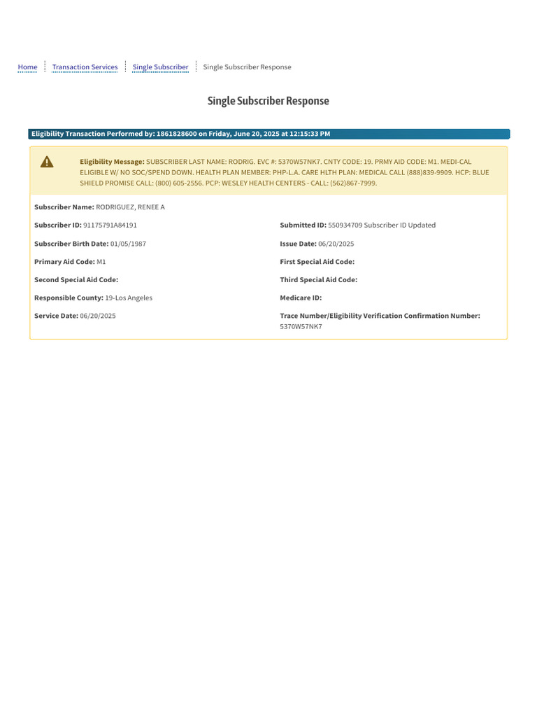 Single Subscriber Eligibility Details | PDF