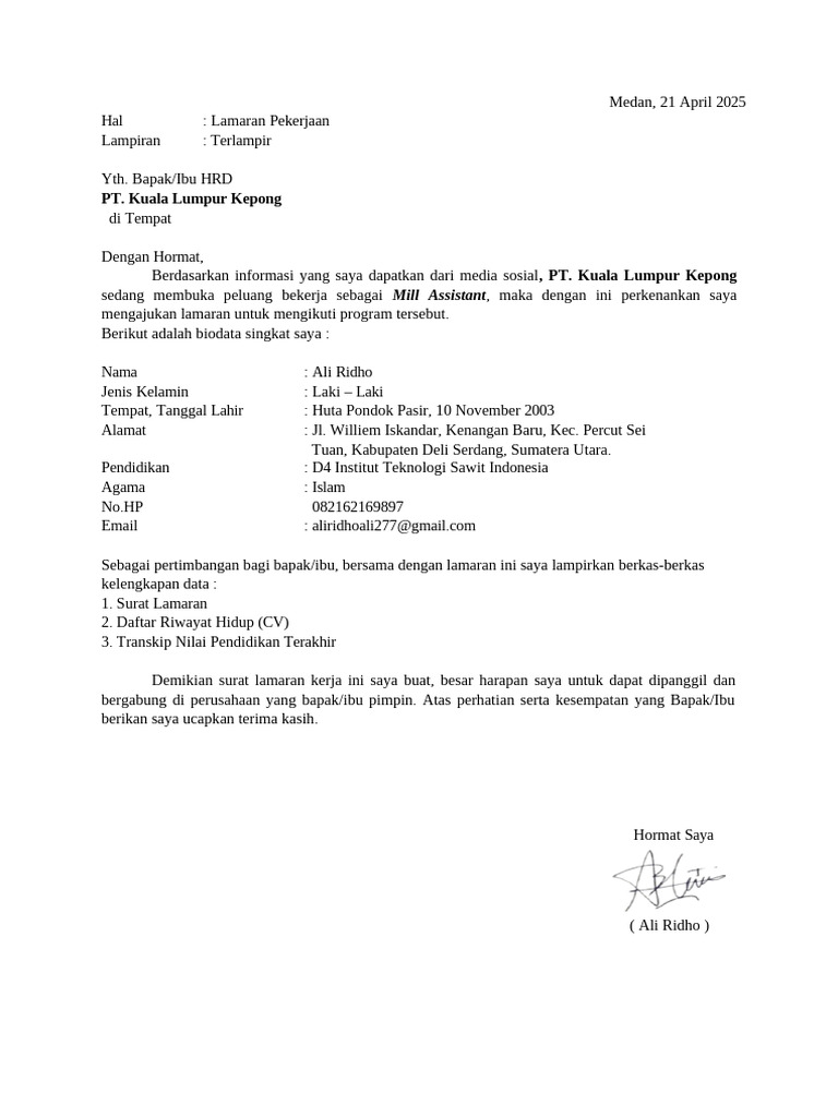 Surat Lamaran Ali Ridho (P.T Sidojadi)_021419 | PDF