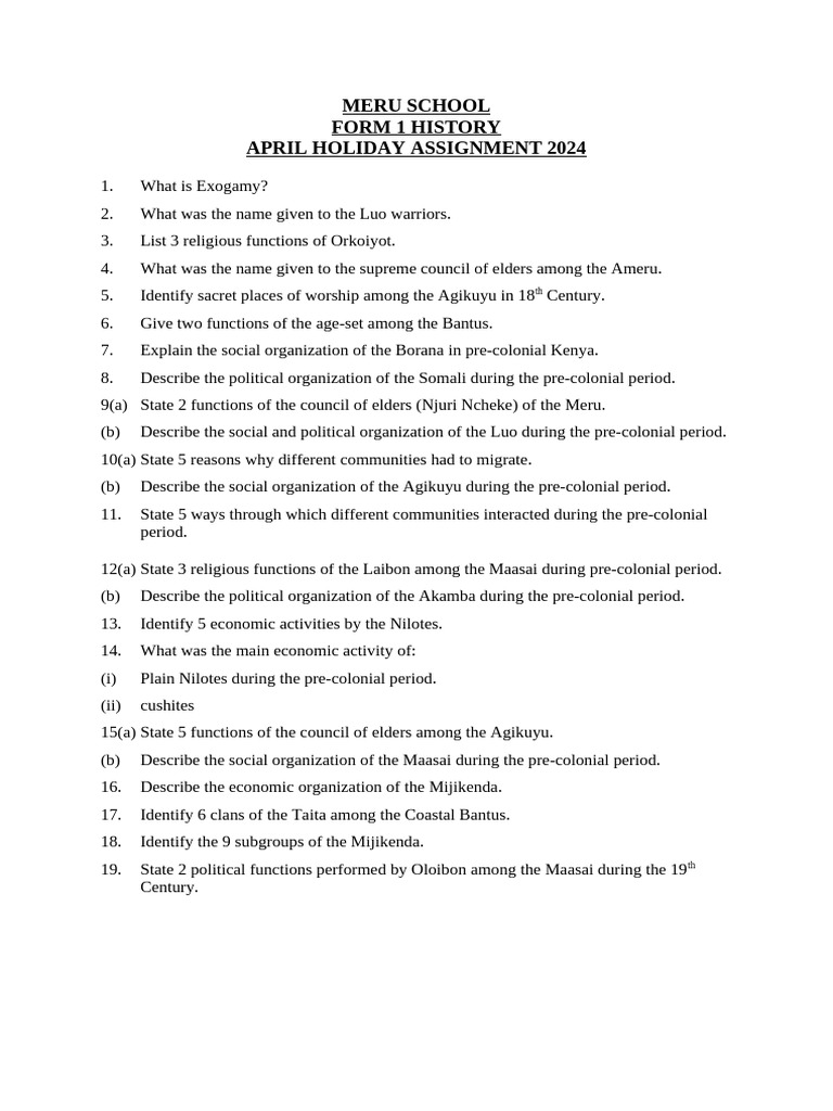 Form 1 History April Holiday Assignment | PDF