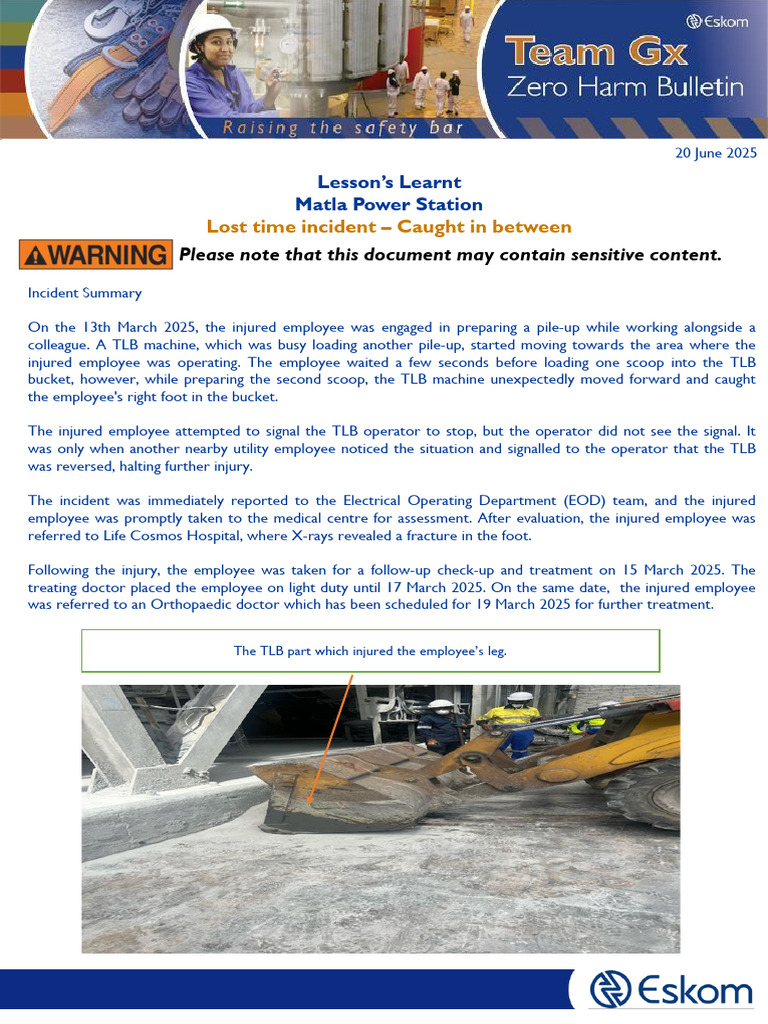 Safety Bulletin Lessons Learn't Matla TLB Incident | PDF | Employment ...